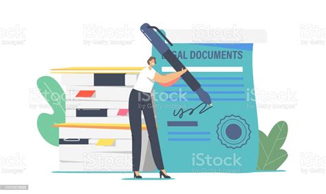 씰 스탬프와 거대한 펜 서명 인증서와 작은 변호사 여성 캐릭터 공증인 또는 변호사 전문 서비스 서명 쓰기에 대한 스톡 벡터 아트 및 기타 이미지 Istock