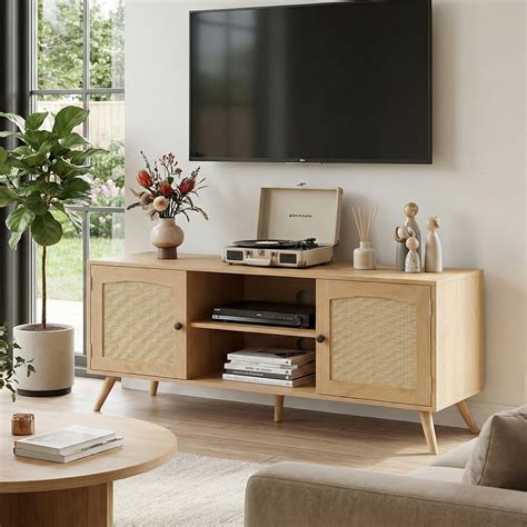 Holzart Mid Century Modern Rattan Tv Stand For 5560 Inch