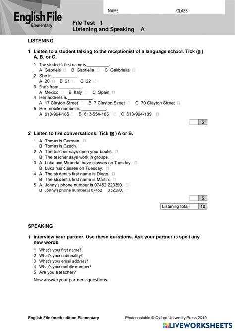 Ef Elementary Assessment 1 Live Worksheets