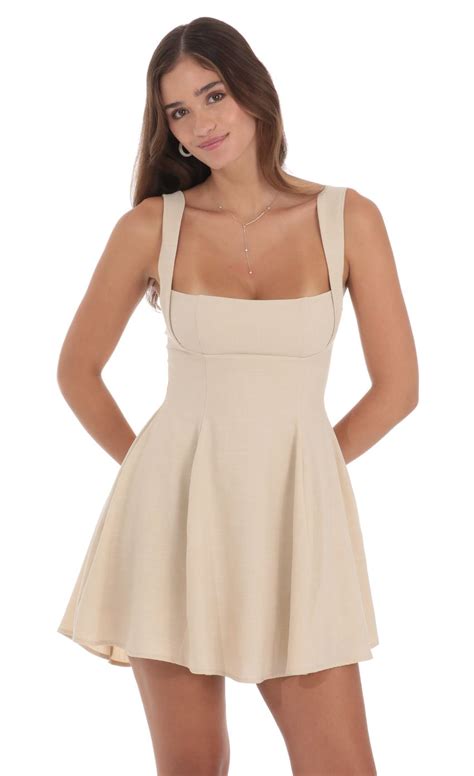 Linen Fit And Flare Dress In Tan Nude Lucy In The Sky