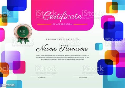 현대 우아한 다채로운 디플로마 인증서 템플릿 고급 배지와 현대적인 라인 패턴이있는 업적 테두리 템플릿 인증서 수상 비즈니스 및 교육 요구 사항 감탄에 대한 스톡 벡터 아트