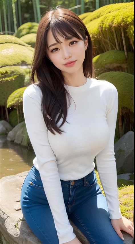A Woman Sitting On A Rock In A Park Next To A Pond Seaart Ai