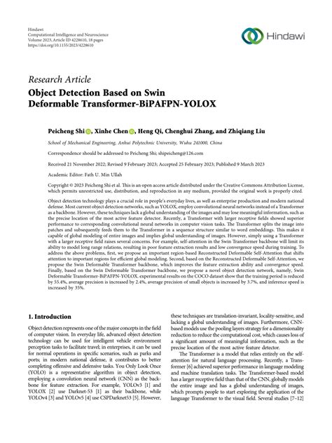 Pdf Object Detection Based On Swin Deformable Transformer Bipafpn Yolox