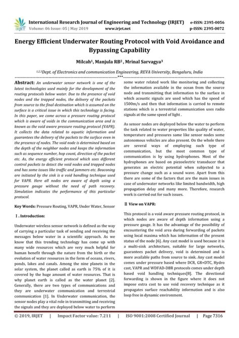 Irjet Energy Efficient Underwater Routing Protocol With Void Avoidance And Bypassing Capability