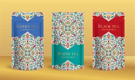 지퍼 파우치 백 모형을 사용한 차 포장 디자인 벡터 장식 템플릿입니다 우아하고 고전적인 요소 음식 음료 및 기타 패키지 유형에 적합합니다 배경 과 벽지에 사용할 수 있습니다