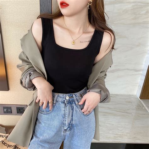 白色吊带背心女2023新款内搭西装夏外穿打底遮副乳黑色方领上衣 虎窝淘