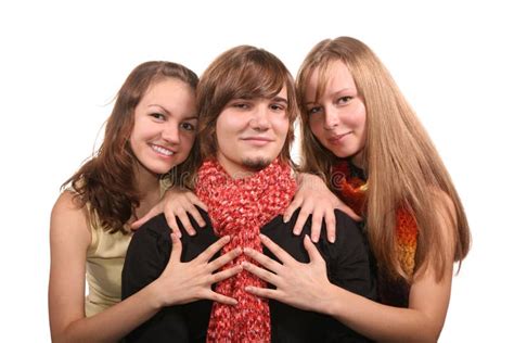 Smiling Two Girls And Guy Stock Image Image Of Embracing 3658819