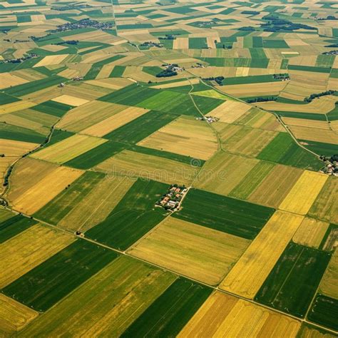 Aerial View Of A Patchwork Landscape With Rectangular Agricultural Fields In Varying Stock
