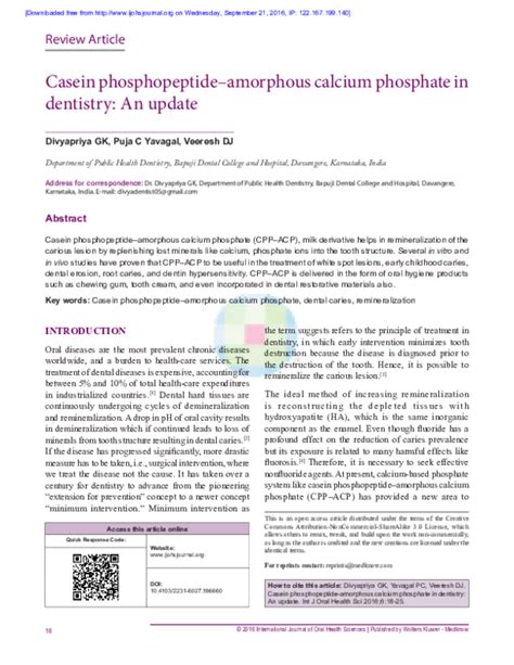 Pdf Casein Phosphopeptide Amorphous Calcium Phosphate In Dentistry An Update