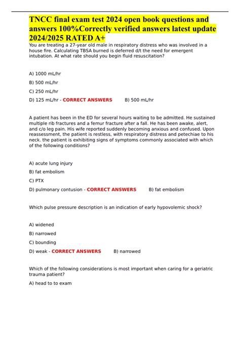 Tncc Final Exam Test 2024 Open Book Questions And Answers 100correctly