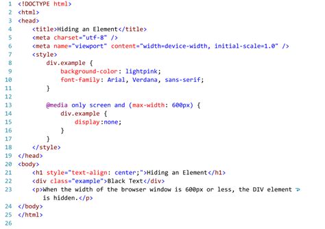 Internal Style Sheet Media Queries For Hiding An Element Text Editor Visual Studio