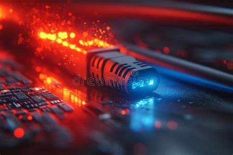Close Up Of Glowing Red Ethernet Cables Plugged Into A Network Switch