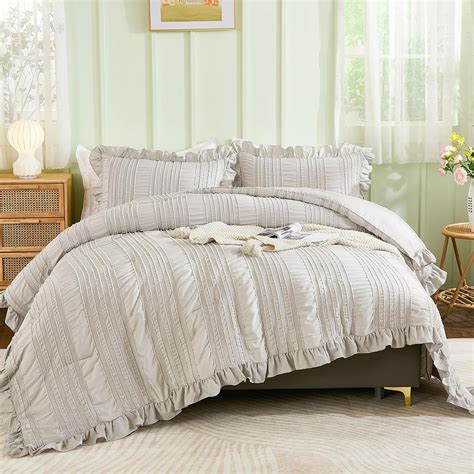 Grey Textured Comforter Set Queen 3 Pieces Ruffle Farmhouse Shabby Chic