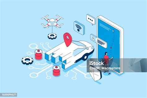3d 아이소메트릭 디자인의 스마트 자동차 개념 온라인 내비게이션 지도 서비스를 이용하여 스마트폰 앱으로 자율주행차를 관리하는 사람들 웹 그래픽을 위한 등각측정 장면이 있는