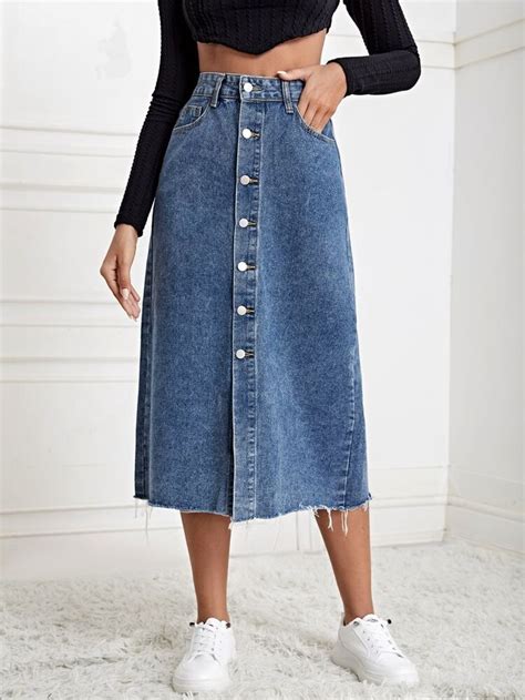 High Waist Single Breasted Frayed Hem Denim Skirt Denim Skirt Women
