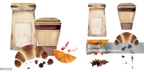 종이 커피 컵 가방 크로와상 오렌지 조각 나뭇잎으로 손으로 그린 수채화 구성 흰색 배경에 격리 초대장 카페 레스토랑 음식 메뉴 인쇄 웹 사이트 카드 Robusta