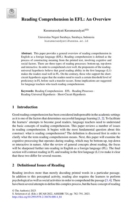 Pdf Reading Comprehension In Efl An Overview