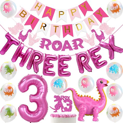 Buy Dinosaur Party Decorations For Girls Three Rex Banner Cake Topper Roar Garland Dinosaur
