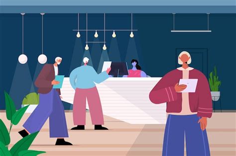 디지털 가제트를 사용하는 고위 기업인 현대 어두운 밤 사무실 가로 전체 길이 벡터 일러스트 레이 션에서 일하는 세 비즈니스 사람들 프리미엄 벡터