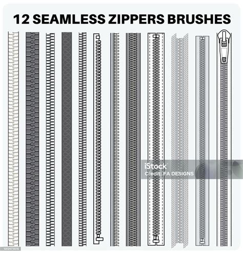 풀러 플랫 스케치 벡터 일러스트레이터 브러시 세트 패스너 드레스 의류 가방 패션 일러스트레이션 의류 및 액세서리용 다양한 유형의 Zip이 있는 매끄러운 지퍼 가방에 대한