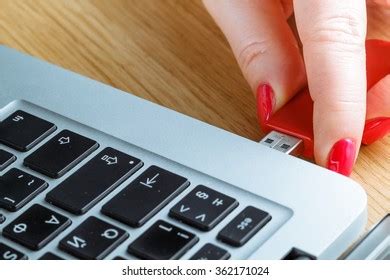 Women Hand Plugging In Usb Pendrive On A Laptop At Home Images Stock Photos Vectors