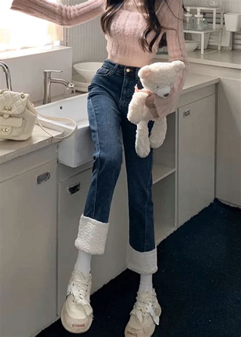 신상세일인기폭주 뽀글이 포켓 주머니 배색 데님 따뜻 보들 일자핏 양털 롤업 청바지 에이블리