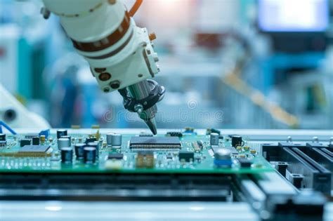 Robotic Arm Assembling Electronic Components On A Circuit Board In A Tech Factory Stock Image