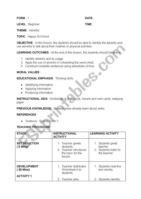 Lesson Plan Adverb ESL Worksheet By Alya Avril