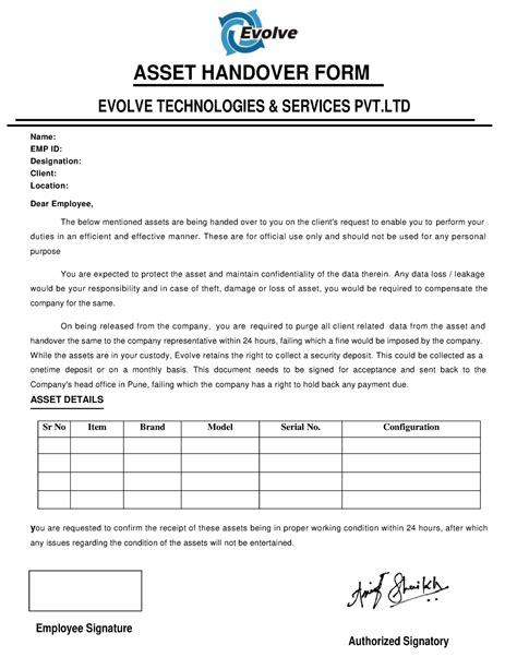 318749619 Asset Handover Form Pdf Asset Handover Form Evolve Technologies And Services Pvt Name