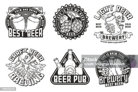 맥주 캡 캔 홉 해골 및 병이 있는 맥주 세트 디자인 양조장 또는 바용 두개골 맥주 잔 보리 뼈 손 및 병 술집과 상점을 위한 크래프트 맥주 벡터 로고 또는 엠블럼 Ale에