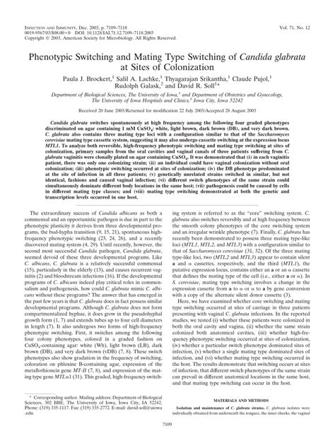 Pdf Phenotypic Switching And Mating Type Switching Of Candida Glabrata At Sites Of Colonization