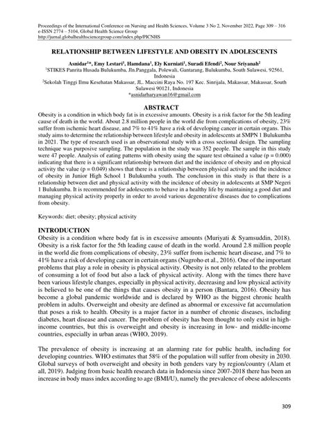 Pdf Relationship Between Lifestyle And Obesity In Adolescents