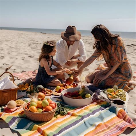 Une Famille Heureuse Faisant Un Pique Nique Sur La Plage M Re P Re Et Fille S Amusant Ensemble