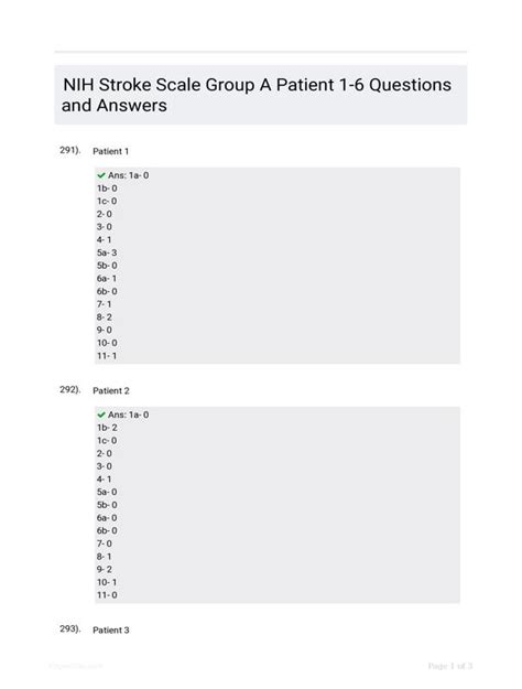 NIH Stroke Scale Group A Patient 1 6 Questions And Answers