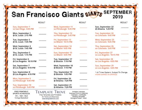 Sf Giants Schedule 2019 Printable Printable Templates