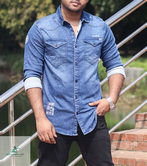 Mens Long Sleeve Double Pocket Snap Denim Shirt