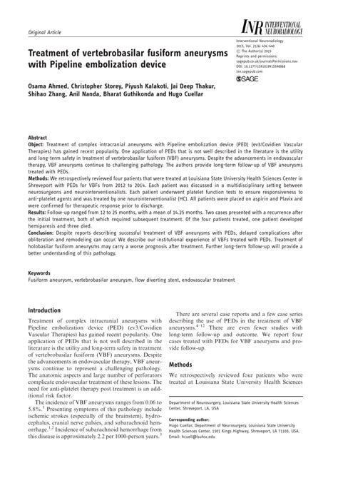 Pdf Treatment Of Vertebrobasilar Fusiform Aneurysms With Pipeline Embolization Device