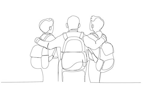 배낭을 메고 포옹하는 세 남학생의 뒷모습 그림 싱글 라인 아트 스타일 프리미엄 벡터