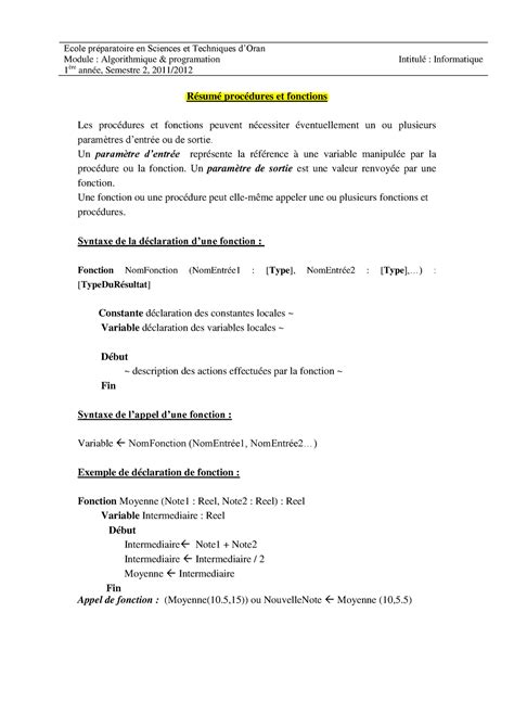 td5 algo francaises ecole préparatoire en sciences et techniques d oran module