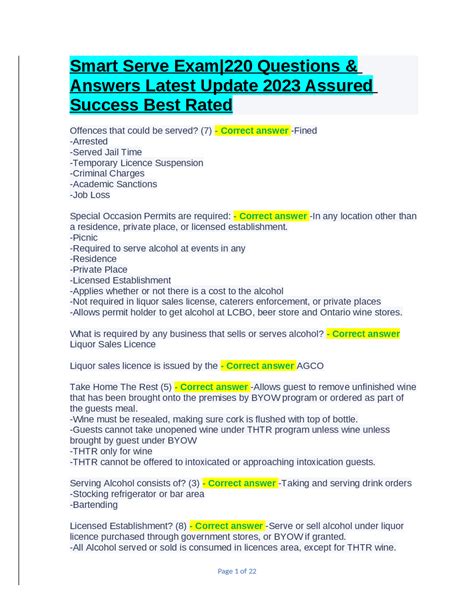 Smart Serve Exam 220 Questions And Answers Latest Update 2023 Assured Success Best Rated Exams