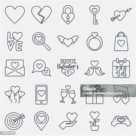 발렌타인 데이의 아이콘 세트입니다 발렌타인 데이 축하 요소 선 스타일의 아이콘입니다 인쇄 포스터 로고 파티 장식 인사말 카드 등에 적합합니다 2월에 대한 스톡 벡터 아트 및