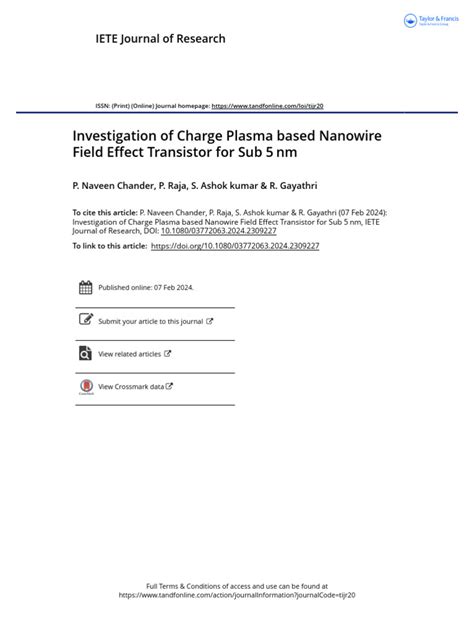 Investigation Of Charge Plasma Based Nanowire Field Effect Transistor For Sub 5 Nm Pdf Field