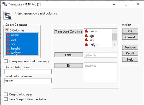 solved about tables transpose function jmp user community
