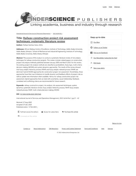 Pdf Railway Construction Project Risk Assessment Techniques Systematic Literature Review