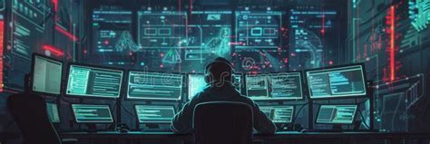 A Hacker Sits At A Desk Focused On Coding With Several Glowing Computer Screens Illuminating A