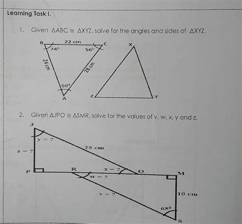 Solved Learning Task I 1 Given Abc≌ Xyz Solve For The Angles And