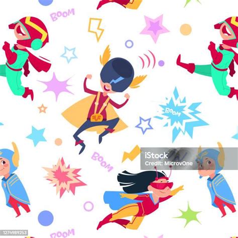 슈퍼 히어로 아이 원활한 패턴 만화 슈퍼 히어로 아이들 비행 영웅 슈퍼 소년과 소녀 벡터 끝없는 질감 슈퍼히어로에 대한 스톡