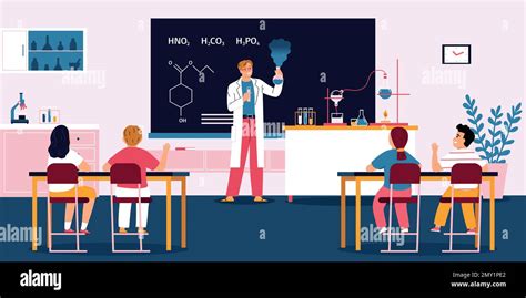 Chemistry School Lesson Classroom Interior With Interested Learners Looking At Male Teacher