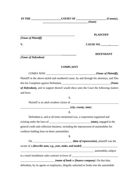 Complaint For Wrongful Repossession Of Automobile And Impairment Of