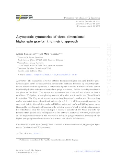 Pdf Asymptotic Symmetries Of Three Dimensional Higher Spin Gravity The Metric Approach